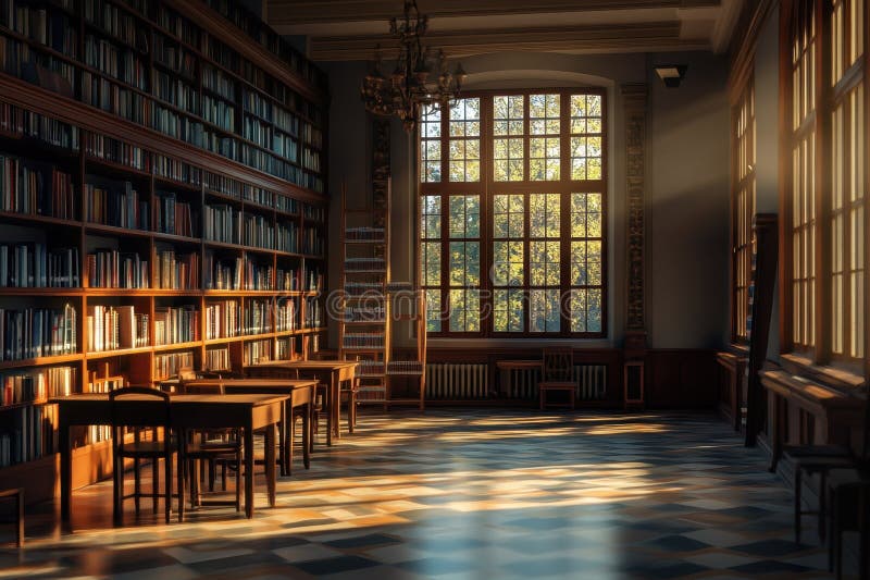 Quiet Library with Natural Light Filtering through Large Windows during ...