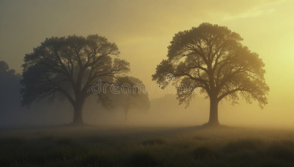 Soft Mist Envelops Ancient Trees in Warm Beige Light, , Dusk Stock ...