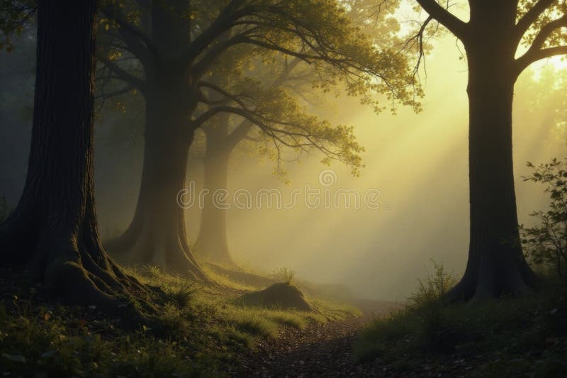 Soft Mist Envelops Ancient Trees in Warm Beige Light, Serene Atmosphere ...
