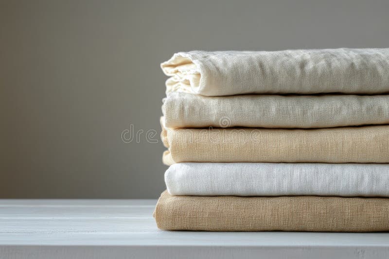 Soft and Neutral Linen Fabrics Stacked Neatly on a Simple Table in ...