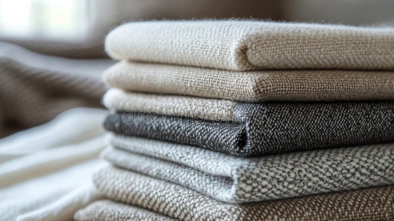 Neutral Toned Folded Blankets Stacked Neatly on a Table in a Cozy ...