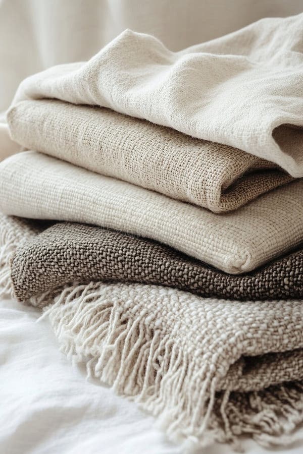Soft Neutral-toned Textiles are Layered on a Bed, Showcasing the Rich ...