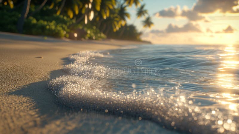 Soft Ocean Waves on a Tropical Beach at Sunset Stock Illustration ...