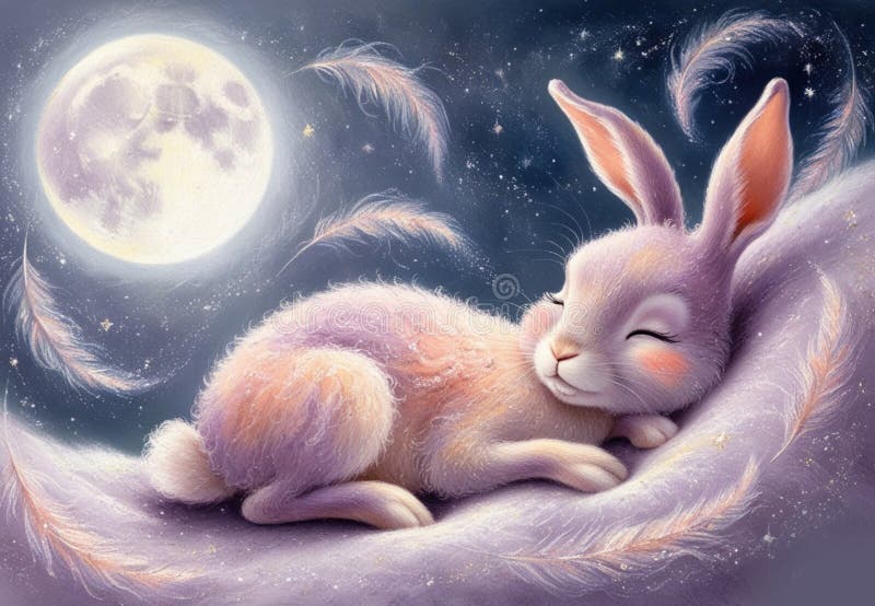 Adorable Dreaming Pastel Rabbit in Purple and Pink Under Full Moon ...