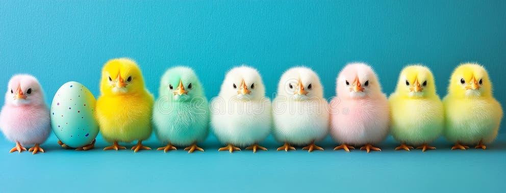 On a Soft Pastel Blue Background, a Row of Colorful Easter Chicks is ...
