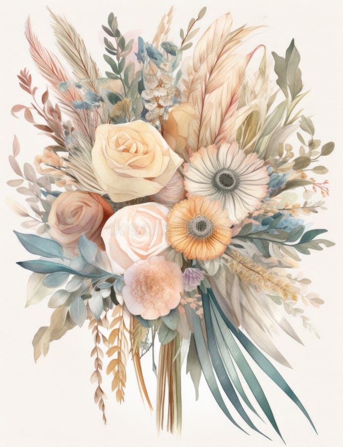 Soft Pastel-Colored Boho Wedding Bouquet Watercolor Illustration. Stock ...