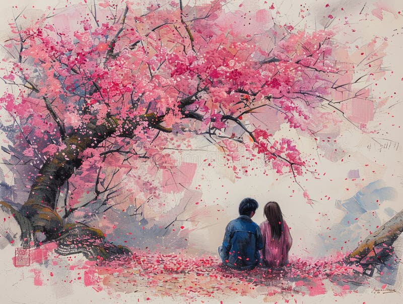 Soft Pastel Drawing of Couple Exchanging Marshmallows Under Cherry ...