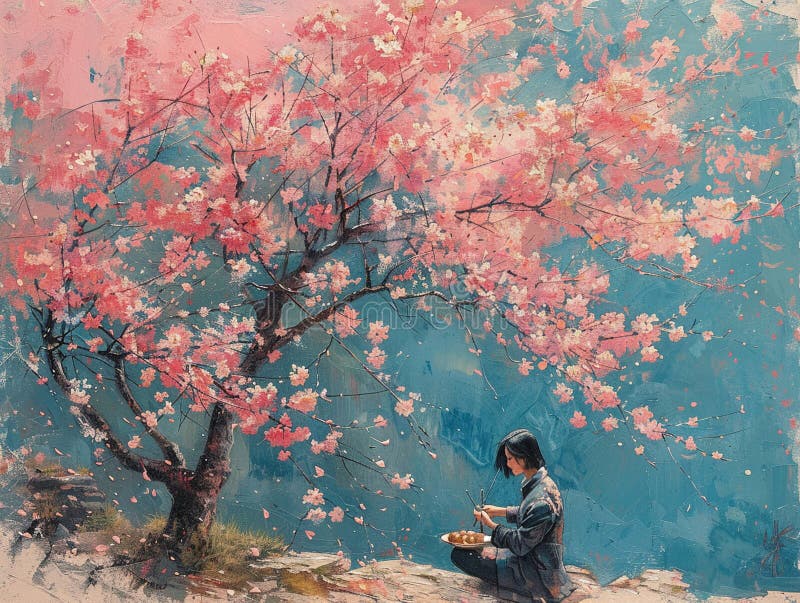 Soft Pastel Drawing of Couple Exchanging Marshmallows Under Cherry ...