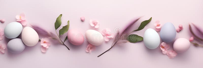 Soft Pastel Easter Eggs and Spring Flowers on Pink Background Banner ...