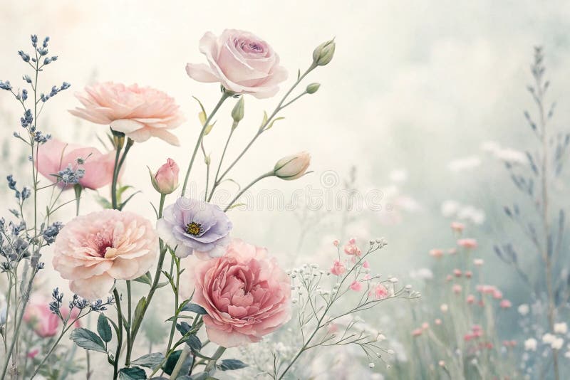 Soft Pastel Roses and Wildflowers in a Dreamy Garden Setting Stock ...