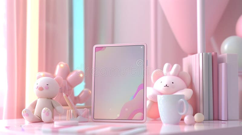 Soft Pastel Scene with Cute Objects and Tablet Display Stock ...