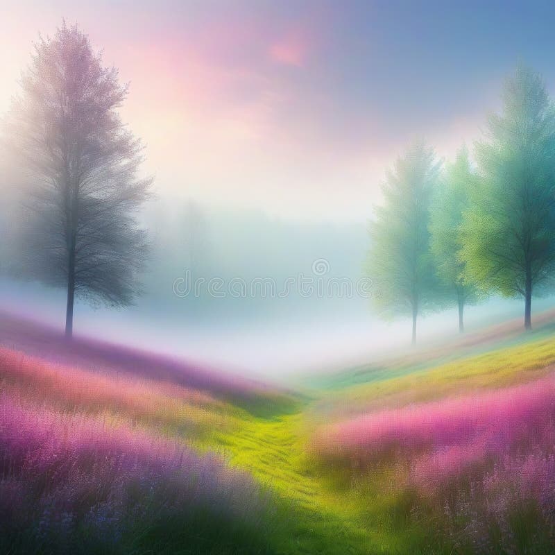 Soft Pastel Spring Background with Wooded Landscape of Meadow and ...
