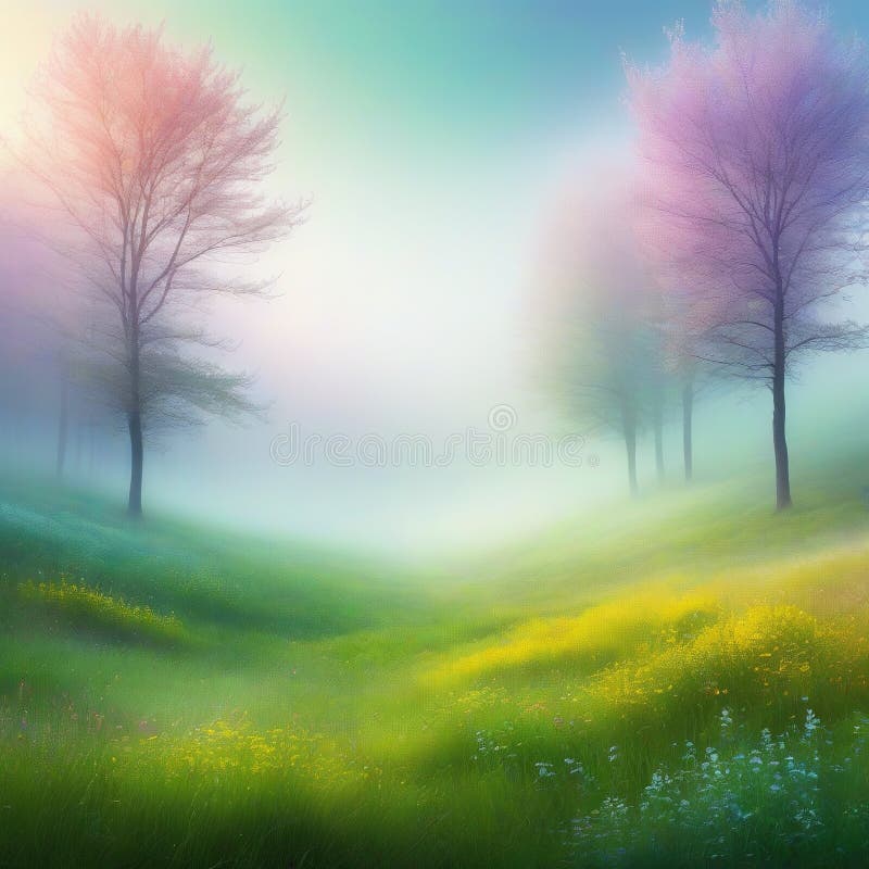 Soft Pastel Spring Background with Wooded Landscape of Meadow and ...