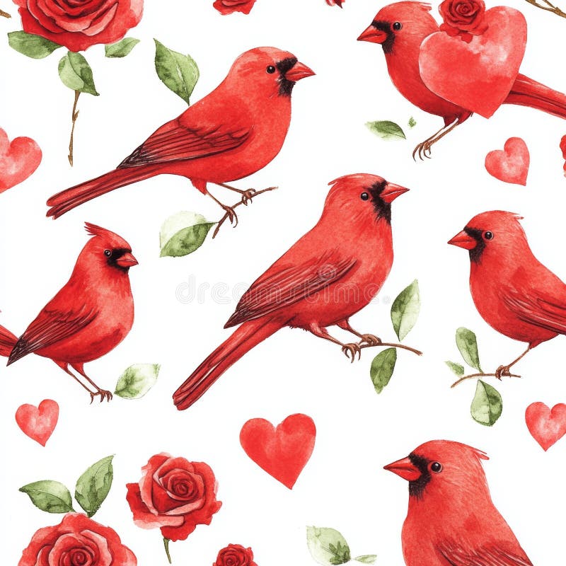 In a Soft Pattern, Birds and Hearts are Surrounded by Roses and Leaves ...
