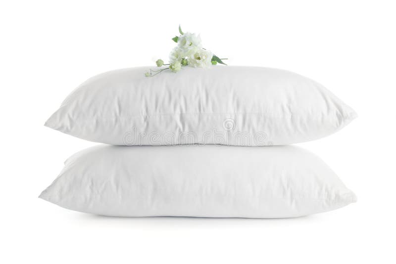 Soft Pillows with Beautiful Flowers on White Background Stock Photo ...