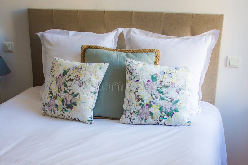 Soft Pillows on a Comfortable Bed Stock Image - Image of light, design ...