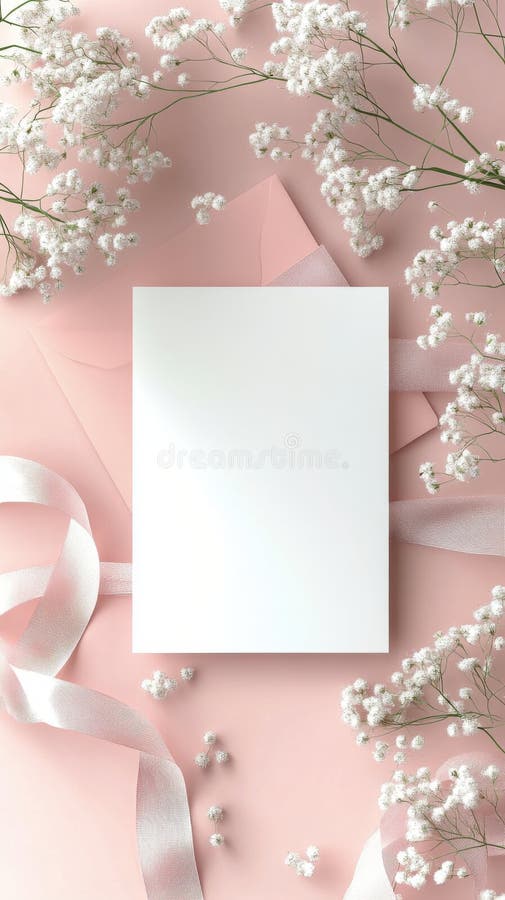Soft Pink Background with Blank Card and Delicate Flowers for Elegant ...