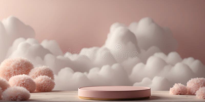Soft Pink Background with Round Platform Surrounded by Fluffy White ...
