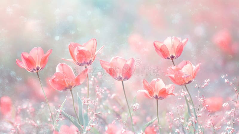 On a Soft Pink Background, Vivid Pink Tulips Bloom Brilliantly ...