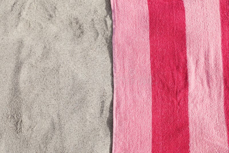 Soft Pink Beach Towel on Sand, Top View. Space for Text Stock Image ...