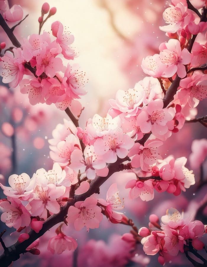 Soft Pink Blossom Branches on Light Background with Subtle Texture a ...