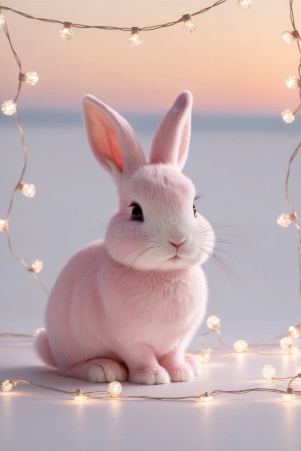 A Soft Pink Bunny Sits Quietly among Sparkling Lights at Dusk. Stock ...