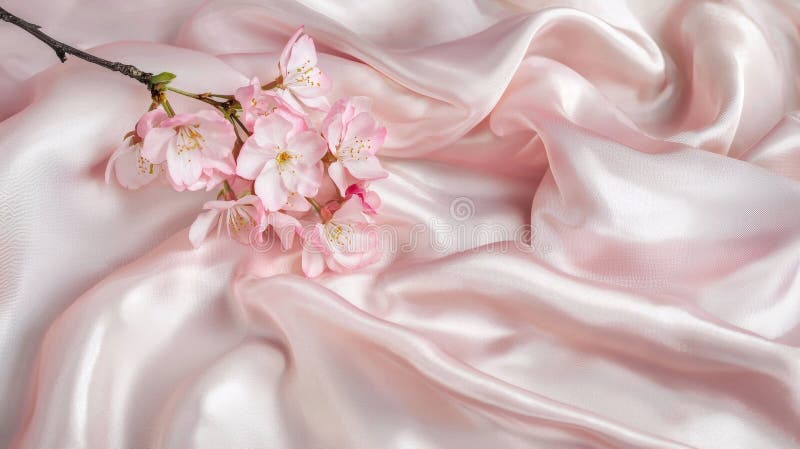 Soft Pink Cherry Blossoms on Luxurious Satin Fabric Stock Image - Image ...