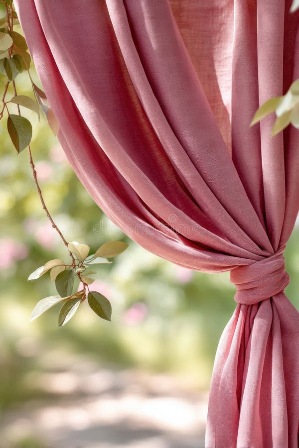Soft Pink Curtain Draped Elegantly with a Knot, Surrounded by Lush ...