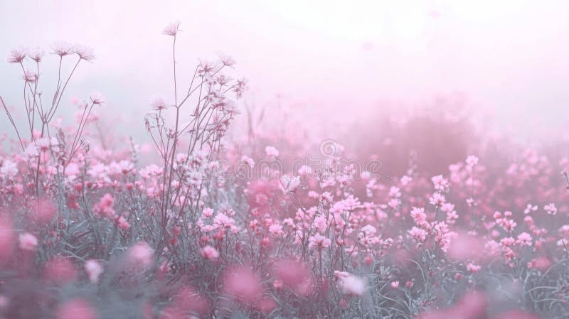 Soft Pink Flower Field in Misty Morning Light Stock Illustration ...