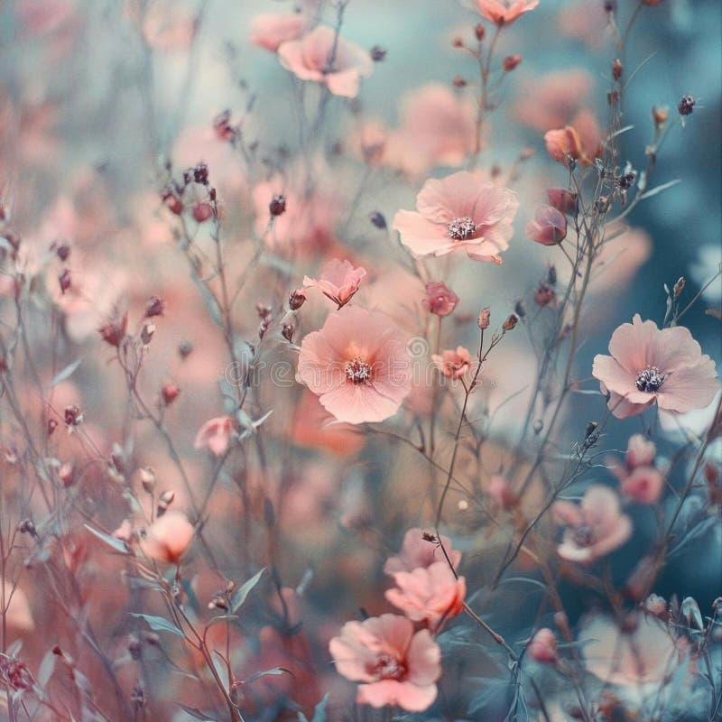 Soft Pink Flowers in a Field of Green Stock Illustration - Illustration ...