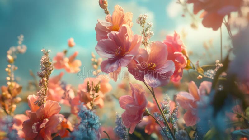 Soft Pink Flowers in Sunlight, Dreamy Floral Scene Stock Illustration ...
