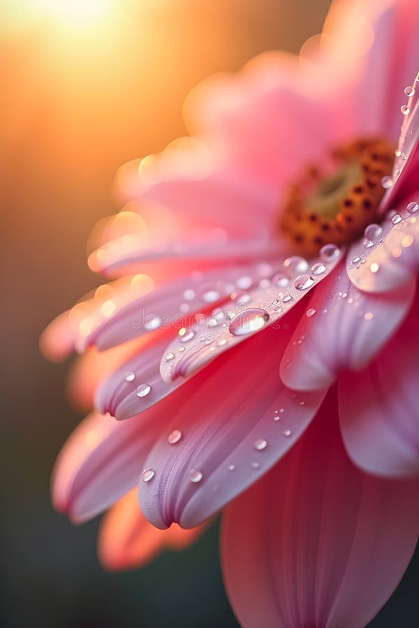 A Soft Pink Gerbera Daisy, Delicately Covered in Tiny Dew Droplets ...