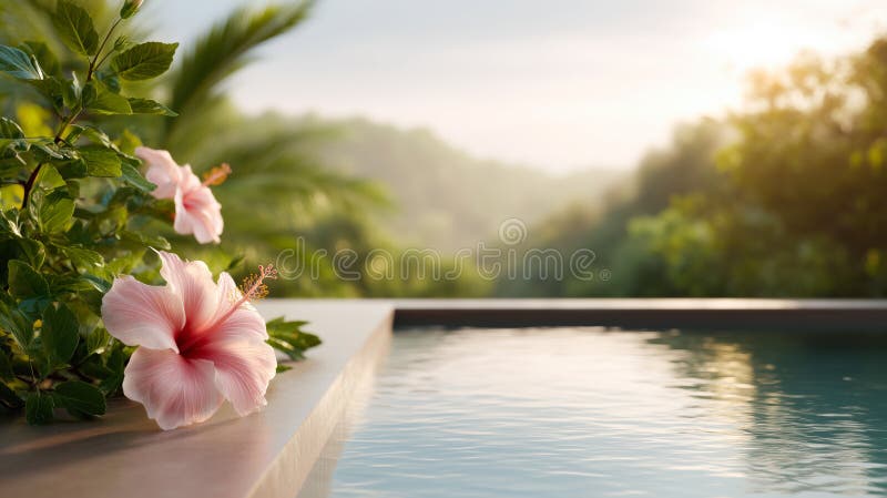 A Soft Pink Hibiscus Flower Blooming Next To a Serene Infinity Pool ...