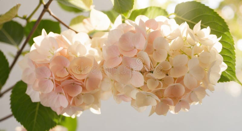 Soft Pink Hydrangeas Blossom As Sunlight Filters through Leaves. Stock ...