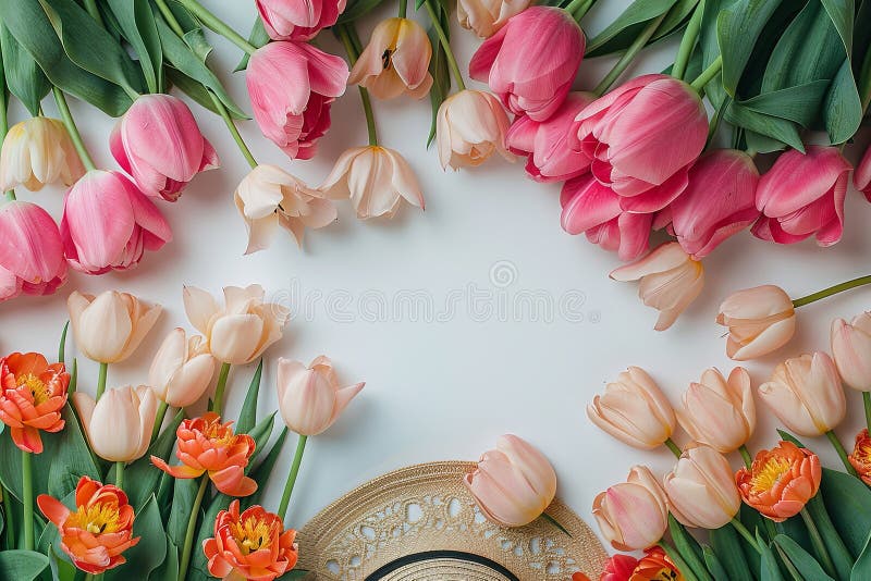 Soft Pink and Peach Tulips with Straw Hat Stock Illustration ...