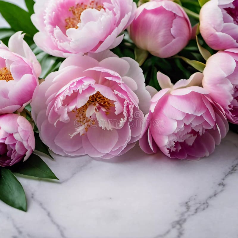 Soft Pink Peonies Bloom Luxuriously Atop a Smooth Marble Surface ...