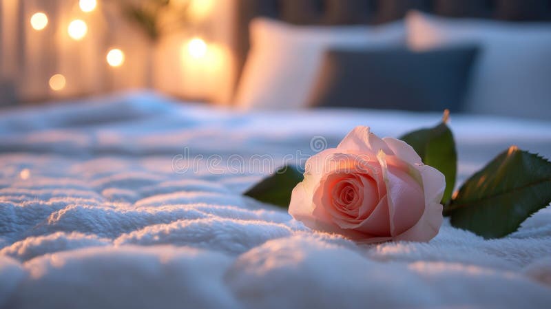 Soft Pink Rose on Cozy Bed with Lights Creating Romantic Atmosphere ...