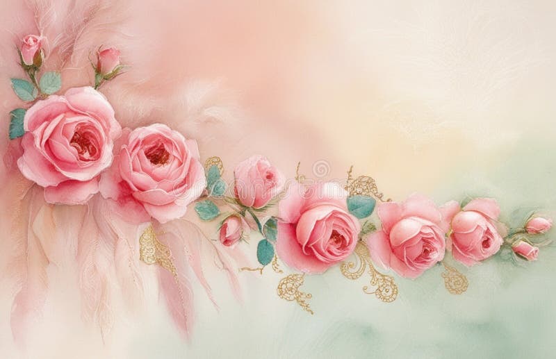 Whimsical Watercolor Painting of Cascading Pink Roses in a Row Stock ...