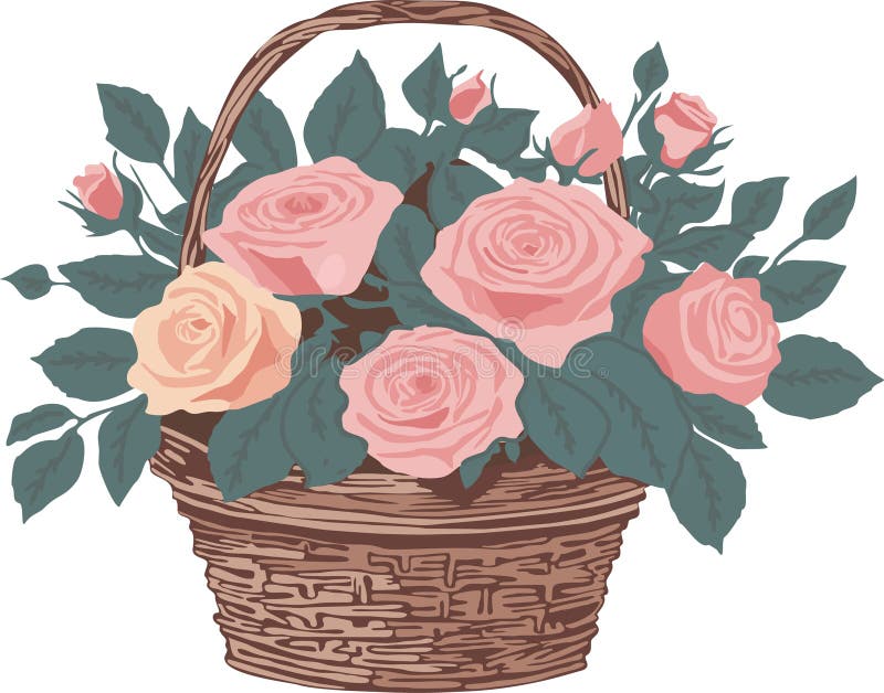 Soft Pink Roses in Braided Basket. Vector Isolated Illustration Stock ...