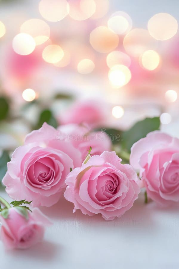 Soft Pink Roses on a Light Surface with Blurred Twinkling Lights in the ...