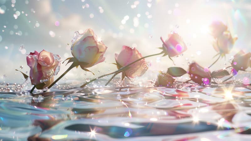 Soft Pink Roses Splash on the Surface of Shimmering Water with Droplets ...