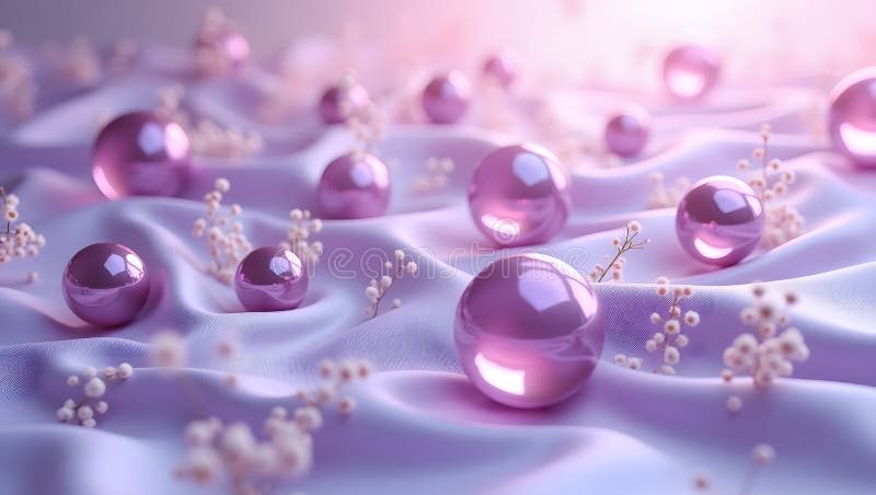 Soft Focus Pink Spheres and Delicate Flowers on Flowing Lavender Silk Fabric Stock Illustration ...