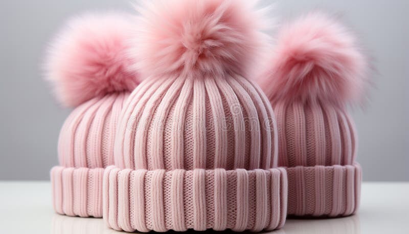 Soft Pink Wool Cap with Fluffy Pom Pom, Perfect for Winter Generated by ...