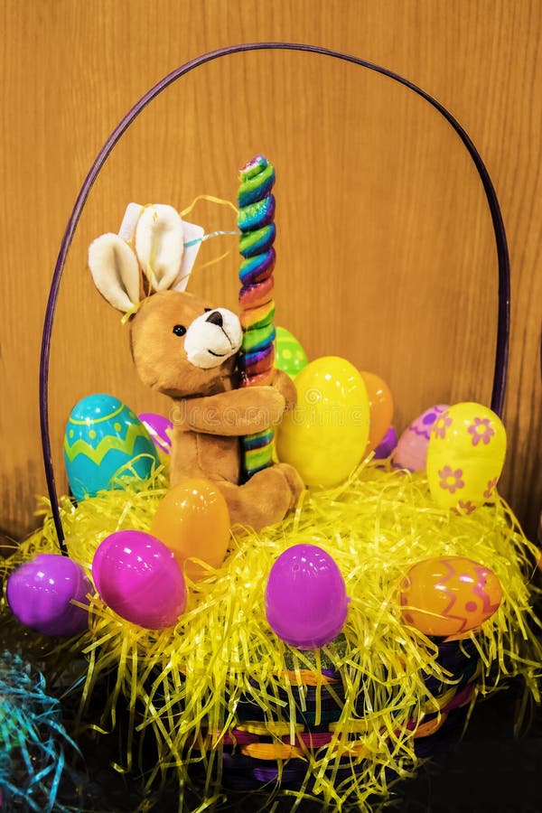 Soft Plush Bunny Toy Holding Swirled Candy Stick in Basket of Easter ...