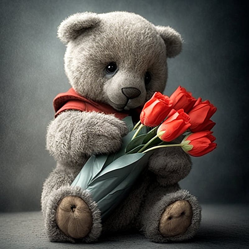 A Soft Plush Grey Bear Holds a Bouquet of Red Tulips in Its Paws. Stock ...