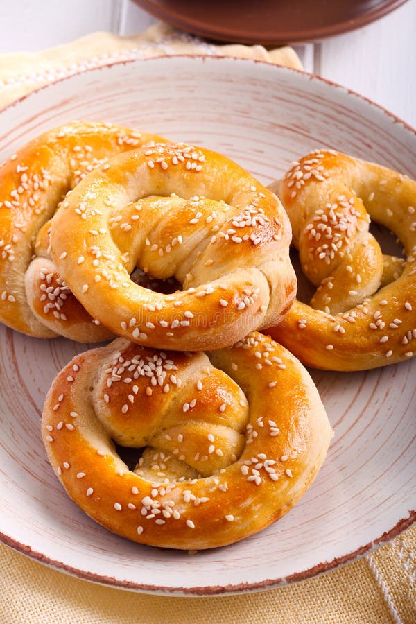 Soft pretzels with sesame stock image. Image of breakfast - 72820951