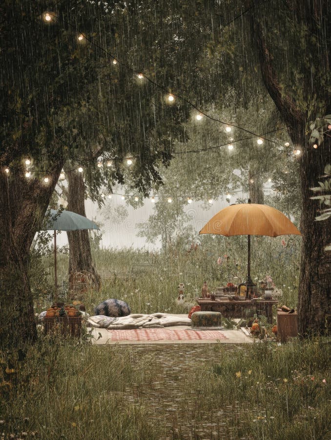 Cozy Picnic Under Soft Rain with Twinkling Lights Creating a Romantic ...