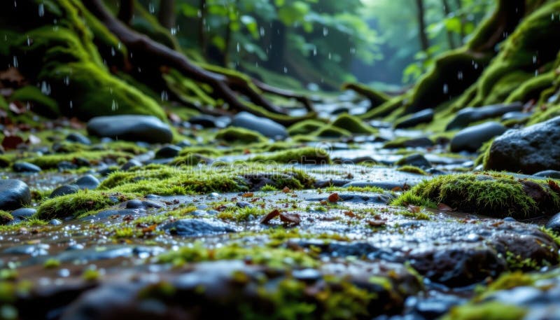 Soft Rain Over Mossy Rocks a Light Rain Falls Over an Ancient Forest ...