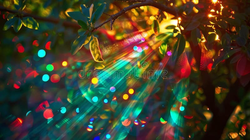 Soft Rays of Colorful Light Streaming from the Solar Tree Lights Adding ...