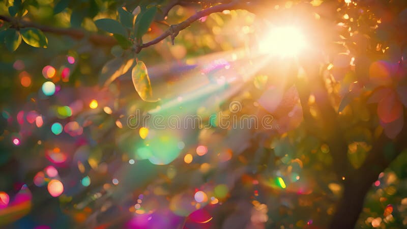 Soft Rays of Colorful Light Streaming from the Solar Tree Lights Adding ...